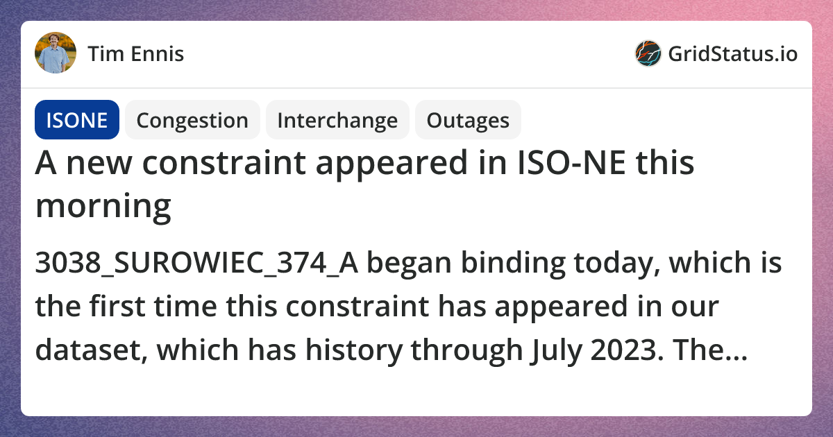 A new constraint appeared in ISO-NE this morning